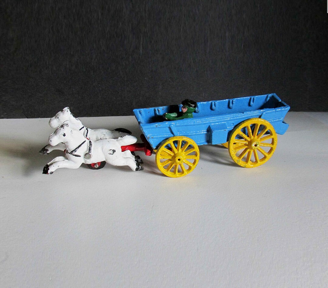 Old Cast Iron Two Horse Drawn Dark Blue Conestoga Covered Wagon Toy W ...