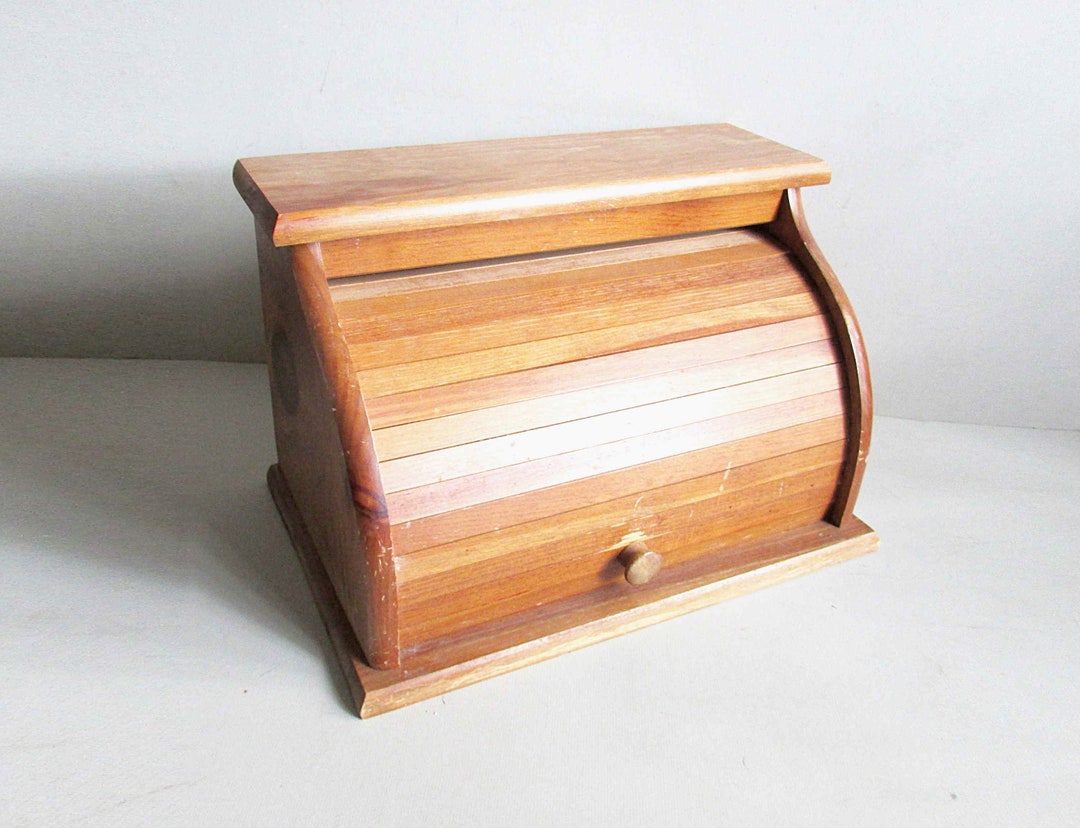 1980s Vintage Oak Wood Country Roll Top Style Bread Box Rustic ...