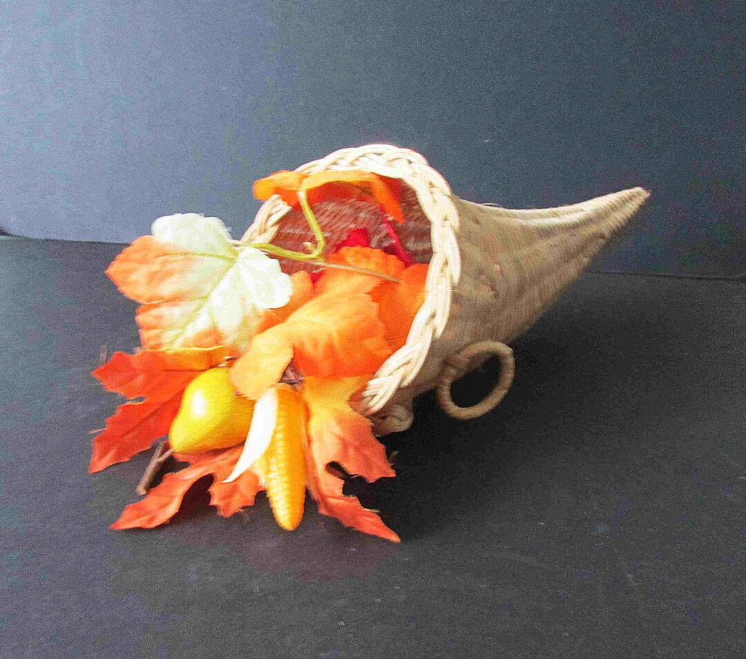 Wicker Cornucopia Horn of Plenty, Faux Leaves, Fruit, Vegetables ...