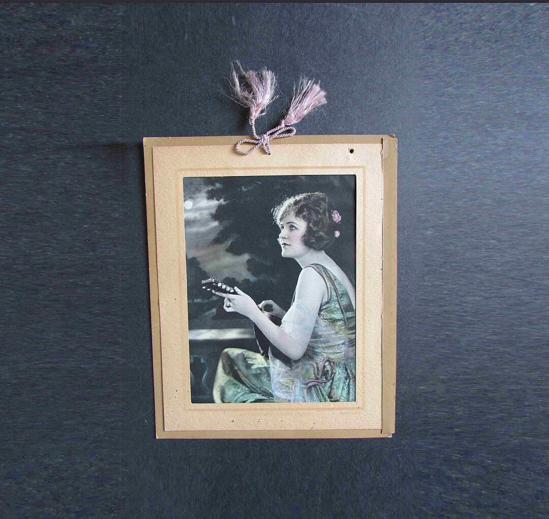 Vintage Litho Print the Moonlight Queen Flapper Lady Playing Mandolin ...