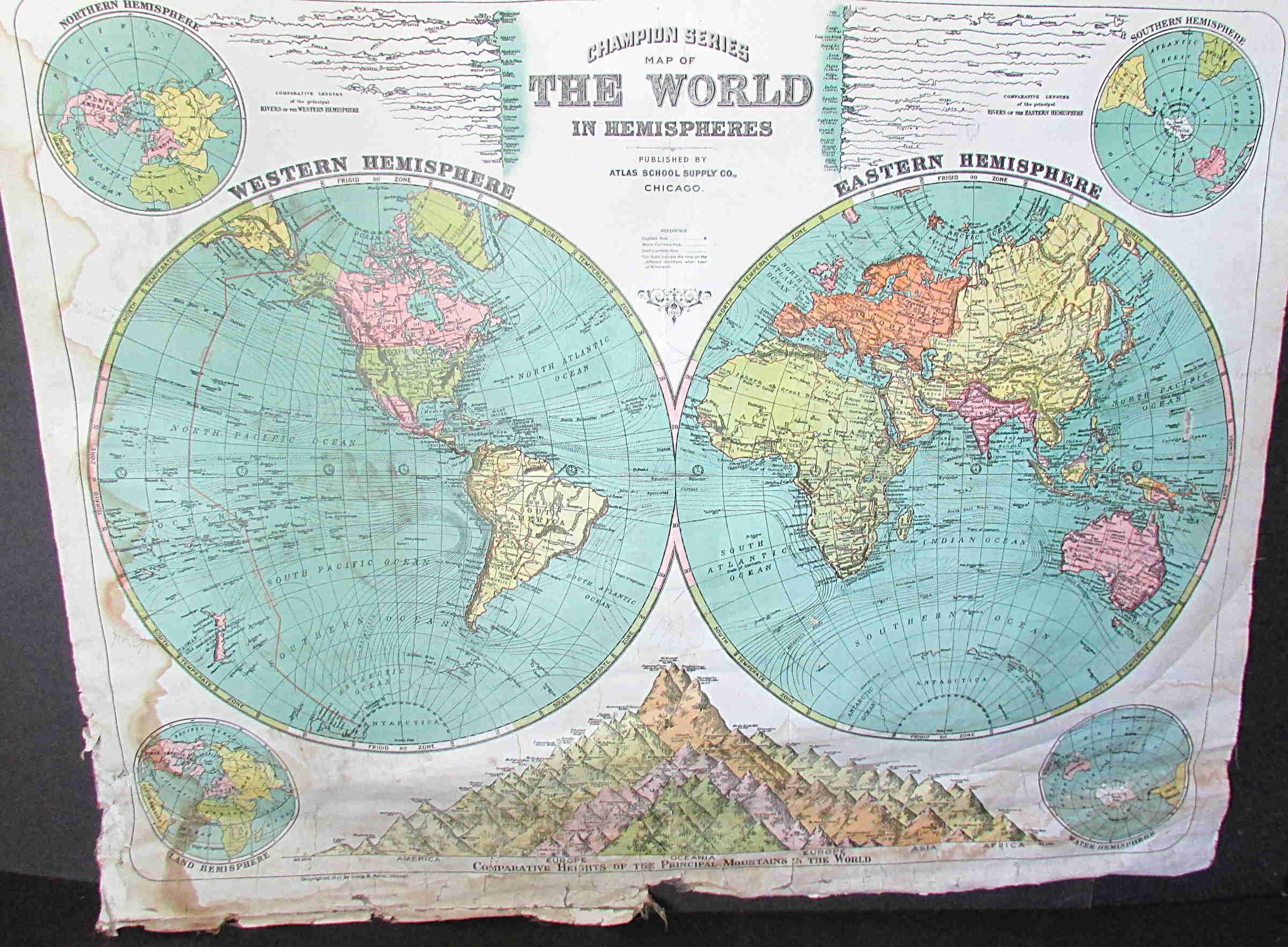 Antique Pull Down Map of World in Hemispheres Atlas School - Etsy