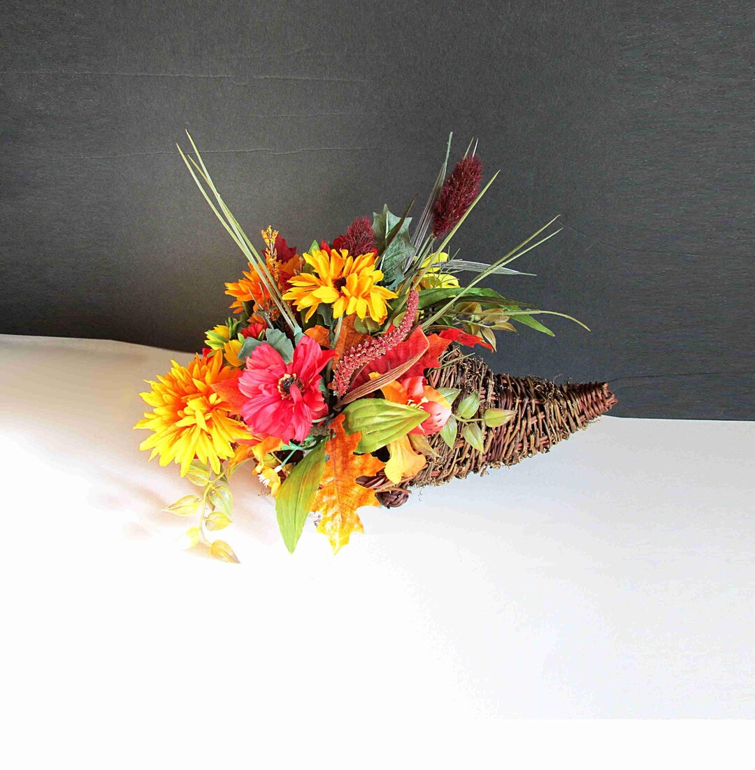 Wicker Cornucopia Horn of Plenty, Faux Flowers, Leaves, Holiday Fall ...