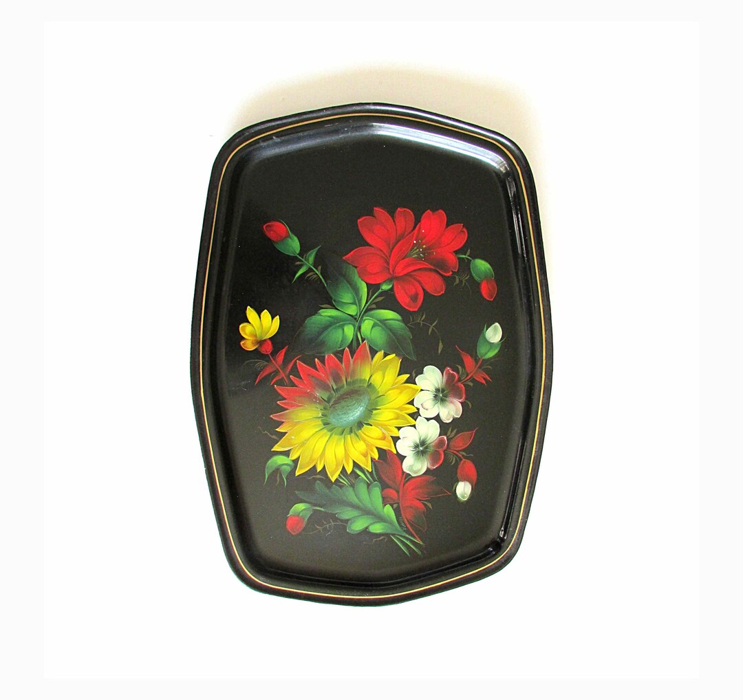 Vintage 1960s Signed Zhostovo USSR Hand-painted Black Metal Tray With ...