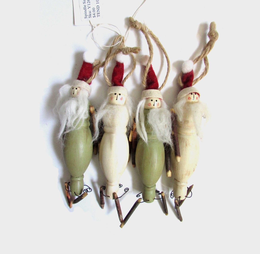 4 Wooden Spindle Santa Rustic Christmas Tree Ornaments 9" Tall FREE SH ...