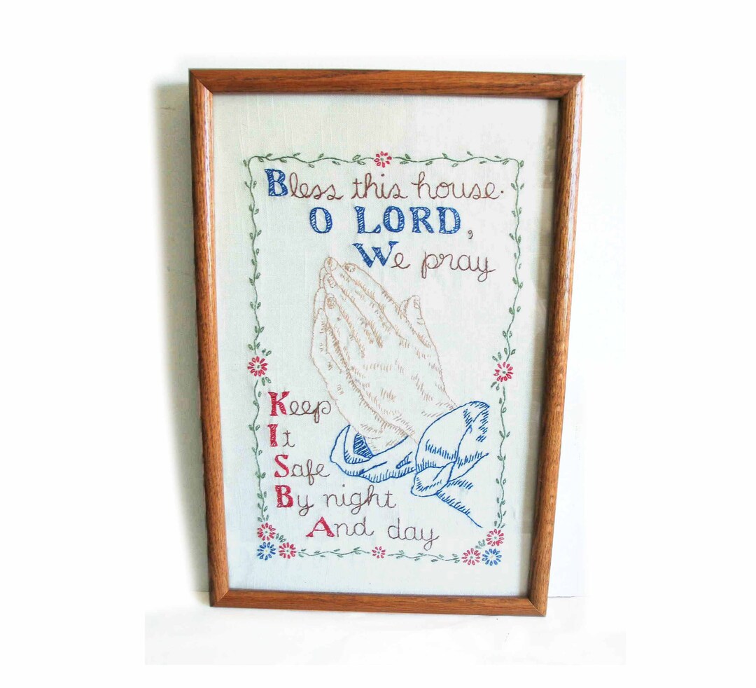 Hand Embroidered House Blessing, 1990s Wood Framed Under Glass 12 X 18 ...