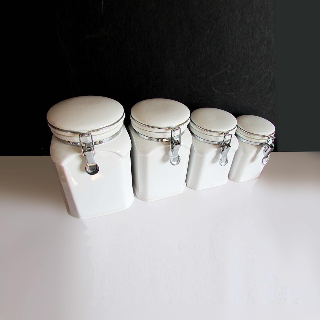 4 Piece White Ceramic Kitchen Canister Set With Flip Top Lids, Airtight ...