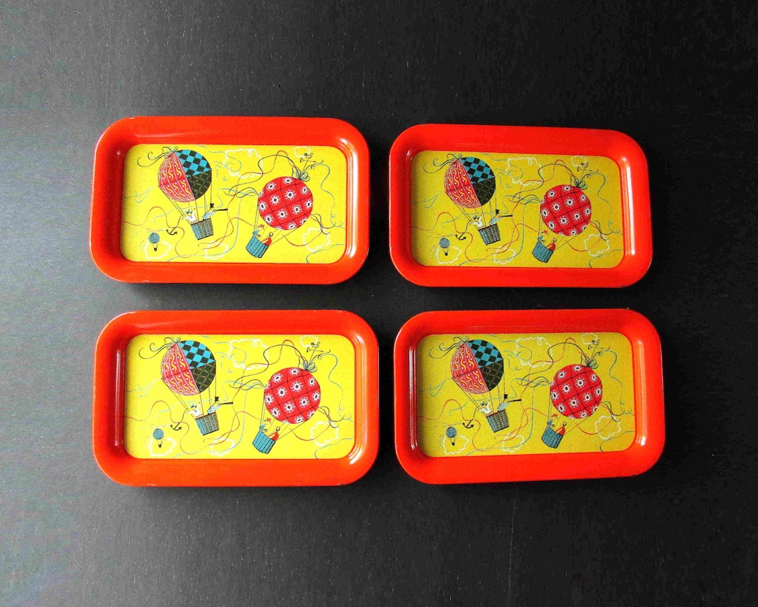Set of 4 Retro MCM Hot Air Balloon Metal Trays Serving Lap Mid Century ...