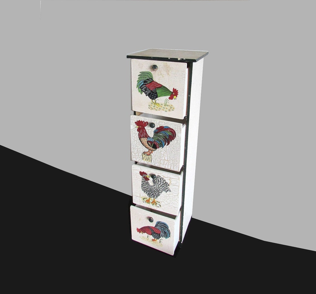 4 Drawer Wooden Rooster Kitchen Storage Tower Country Farm Rustic 22.5 ...