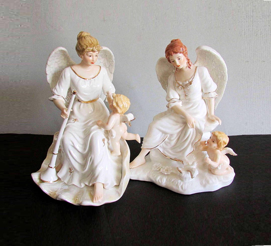 Grandeur Noel Porcelain Angel Figures Set 12 Inch Hand Painted With ...