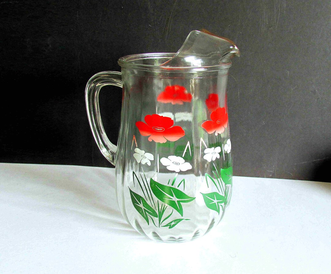 Red and White Poppies, 1960s, Anchor Hocking, 10" Tall Glass Pitcher ...