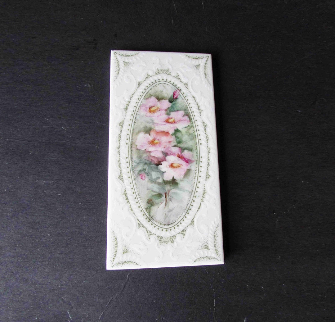 Porcelain Tile Trivet With Beautiful Wild Roses Painting Vintage 4x8 ...