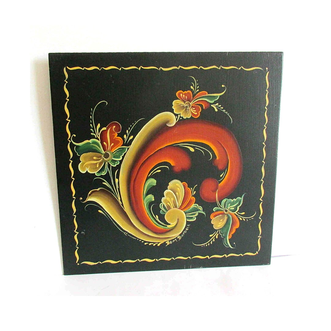 1970s Scandinavian Rosemal Floral Painting on Black Wood Panel Wall ...