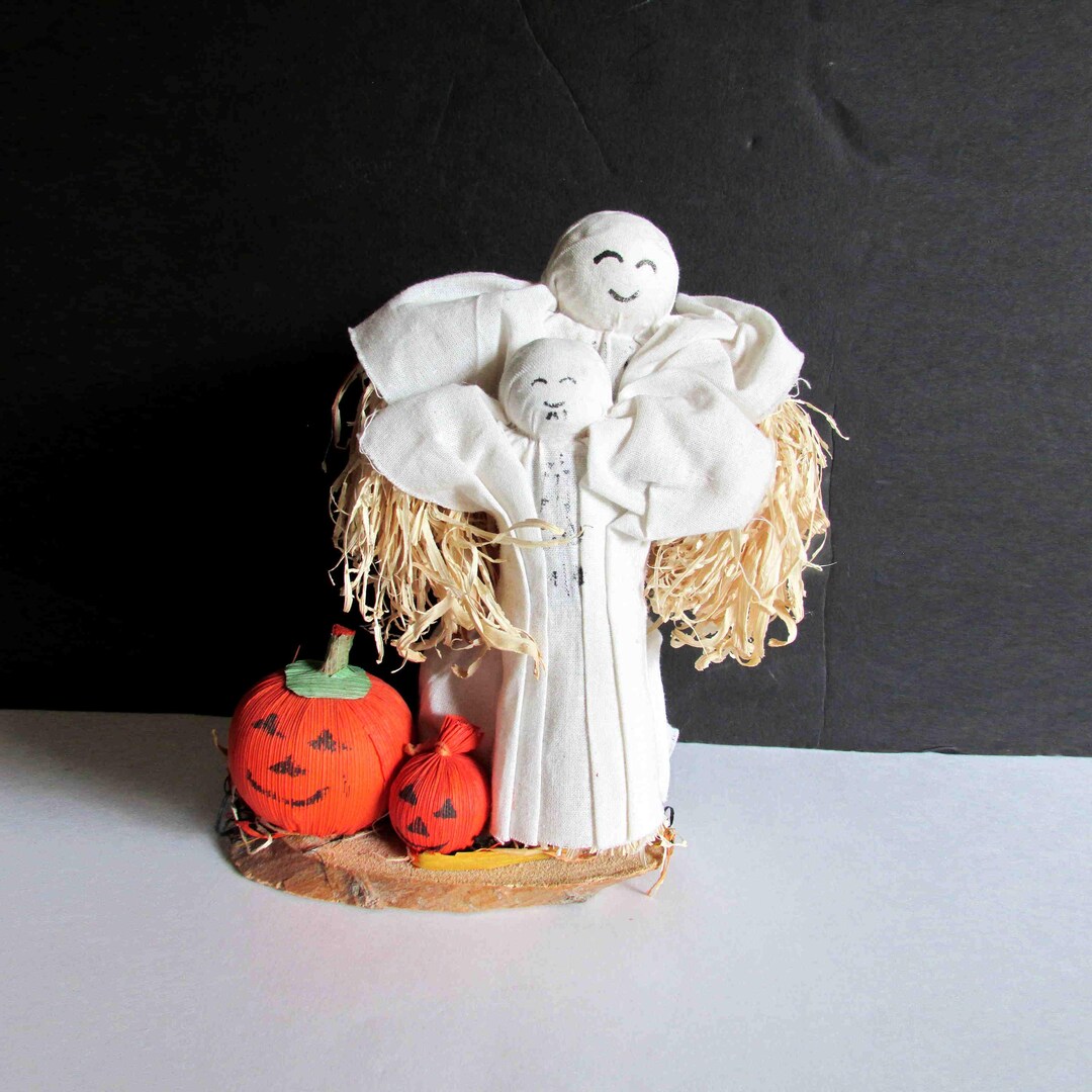 Primitive Vintage Halloween Smiling Straw Ghosts Pumpkins Figurine 1994 ...