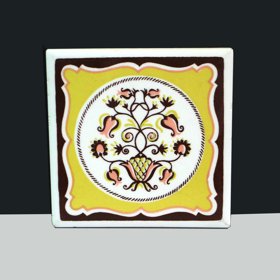Vintage Tile Trivet 1970s Folk Art Flowers, Pink Yellow Brown Footed 6 ...