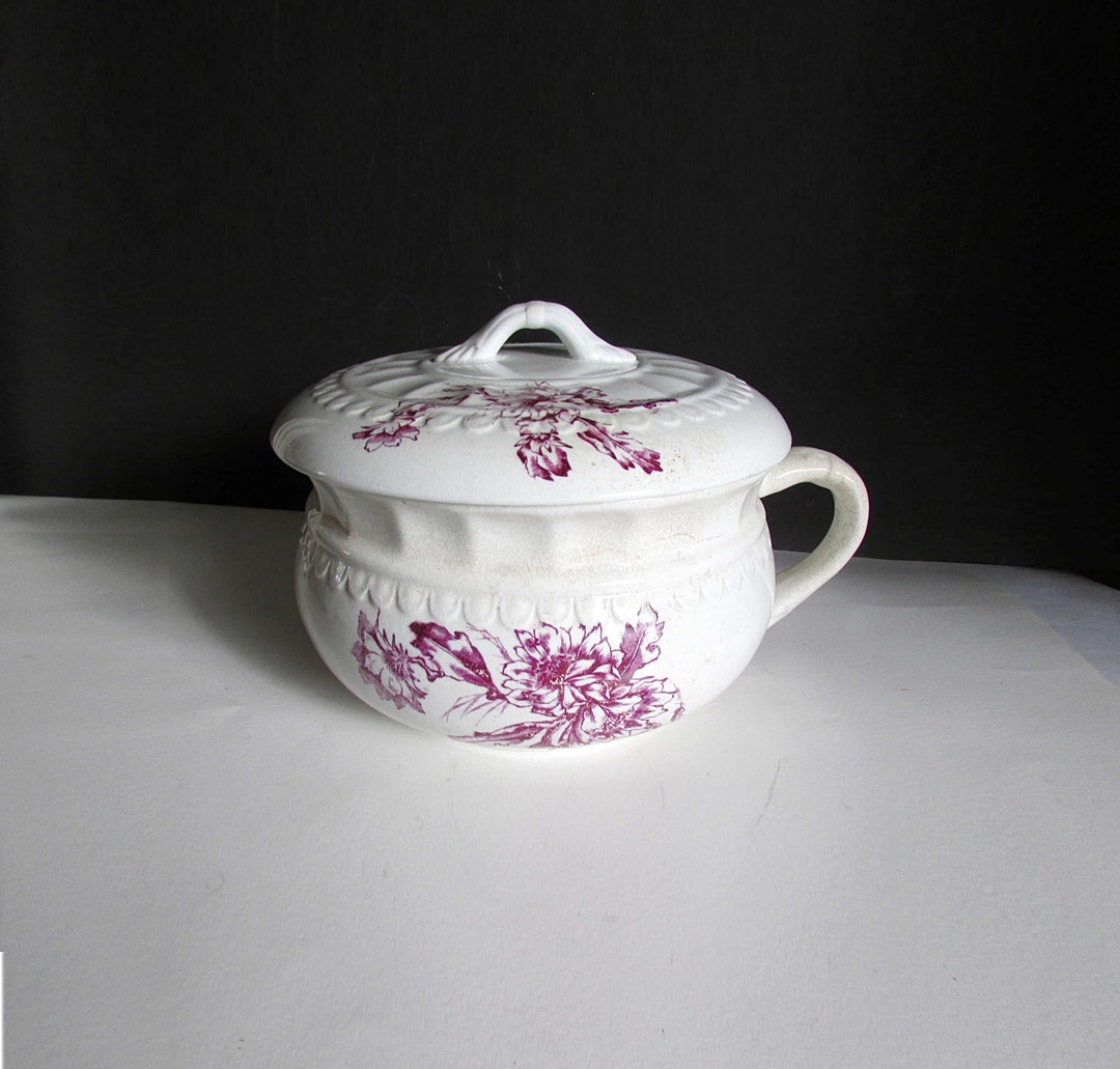 Antique 1800s Ironstone Slop Jar/chamber Pot, Purple Florals on White ...