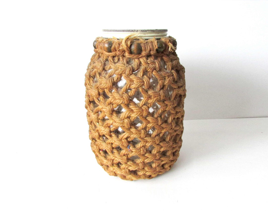 1960s Original Macrame Cover on Farmhouse Clear Glass Gallon Jar With ...