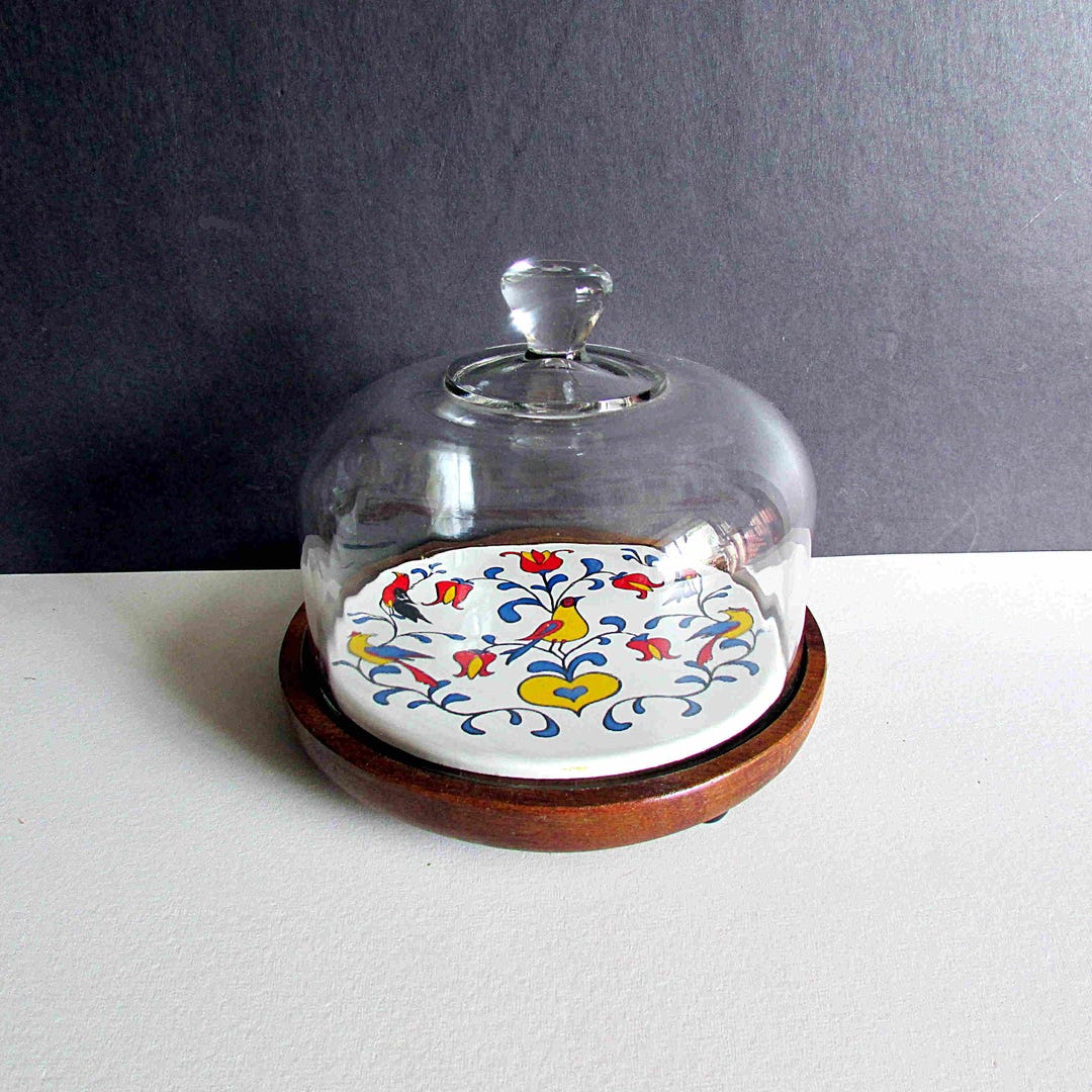 Vintage Wood Tray Tile Insert Cheese Plate With Glass Dome PA Dutch ...