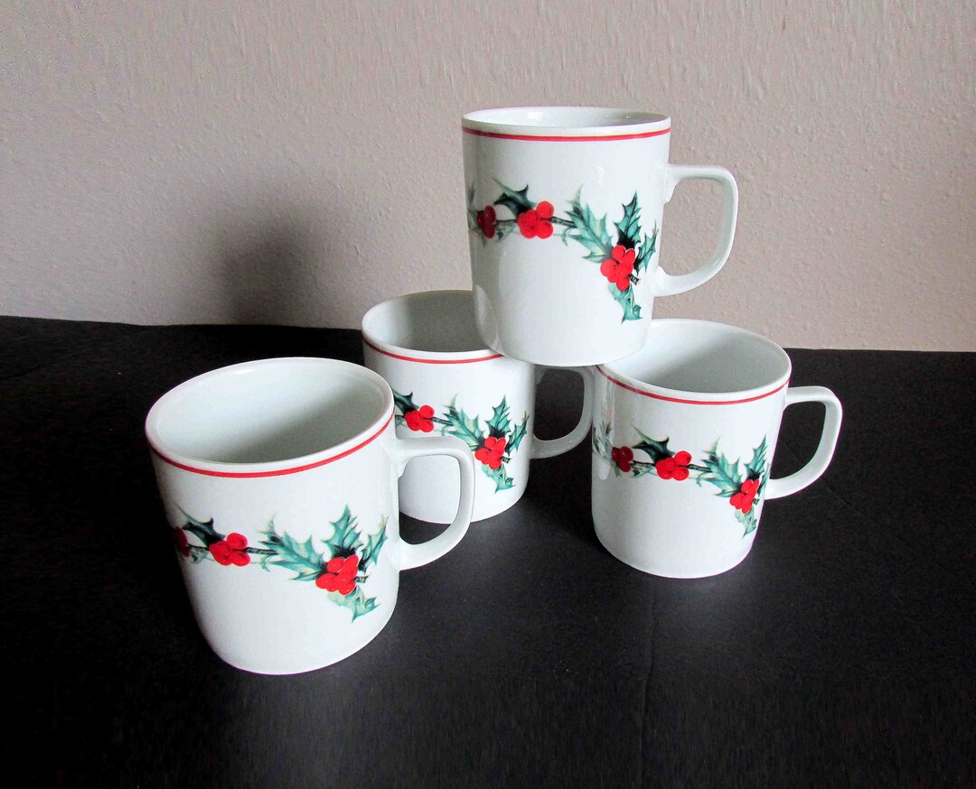 Set of 4 Holiday Philippe Deshoulieres Louis Lourioux France Holly Mugs ...