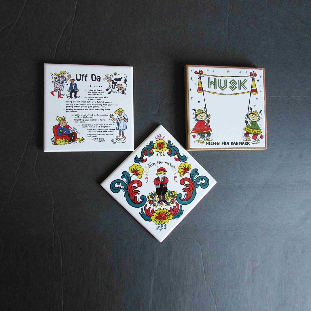 Choice 1980s Traditional Swedish Rosemal Folk Design Tile Trivets ...