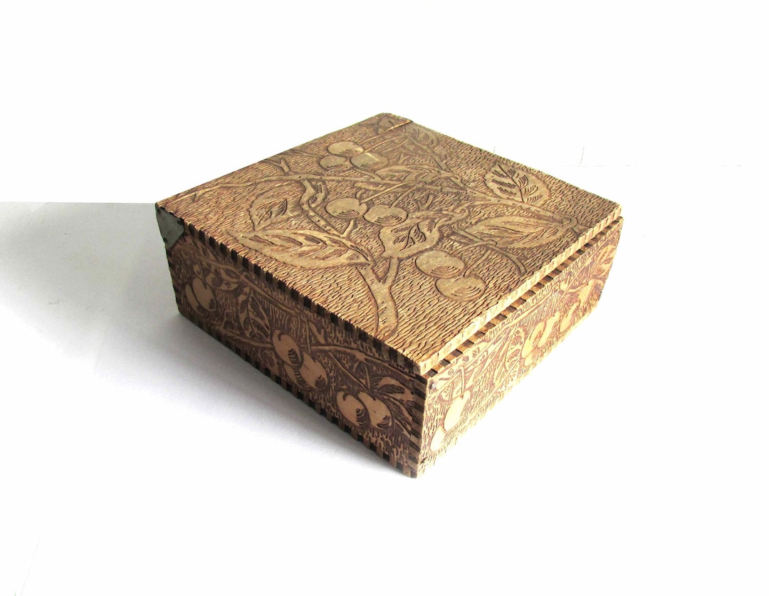 Flemish Art Pyrography Box Vintage Primitive, Handmade With Cherries 5 ...