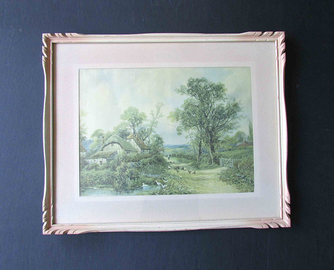 Vintage Green Farmstead Print 1940s Wall Decor in Original Cream Carved ...