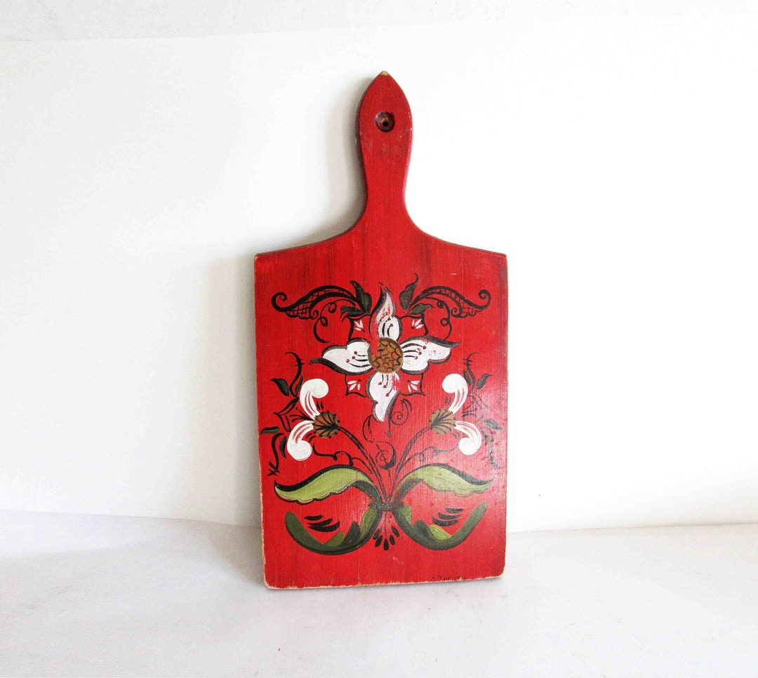 Vintage Bread Cutting Board With Scandinavian Rosemal Hand Painted Folk ...
