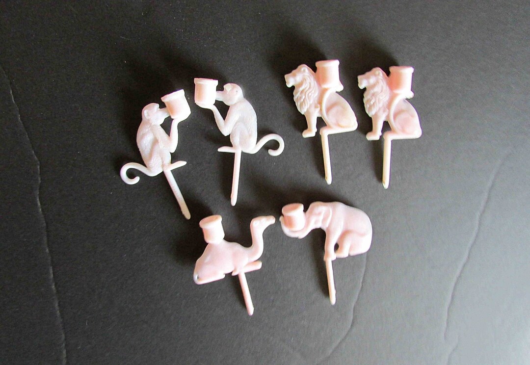 1950s Pink Plastic Lion Elephant Monkey Camel 6 Cake Toppers Candle ...