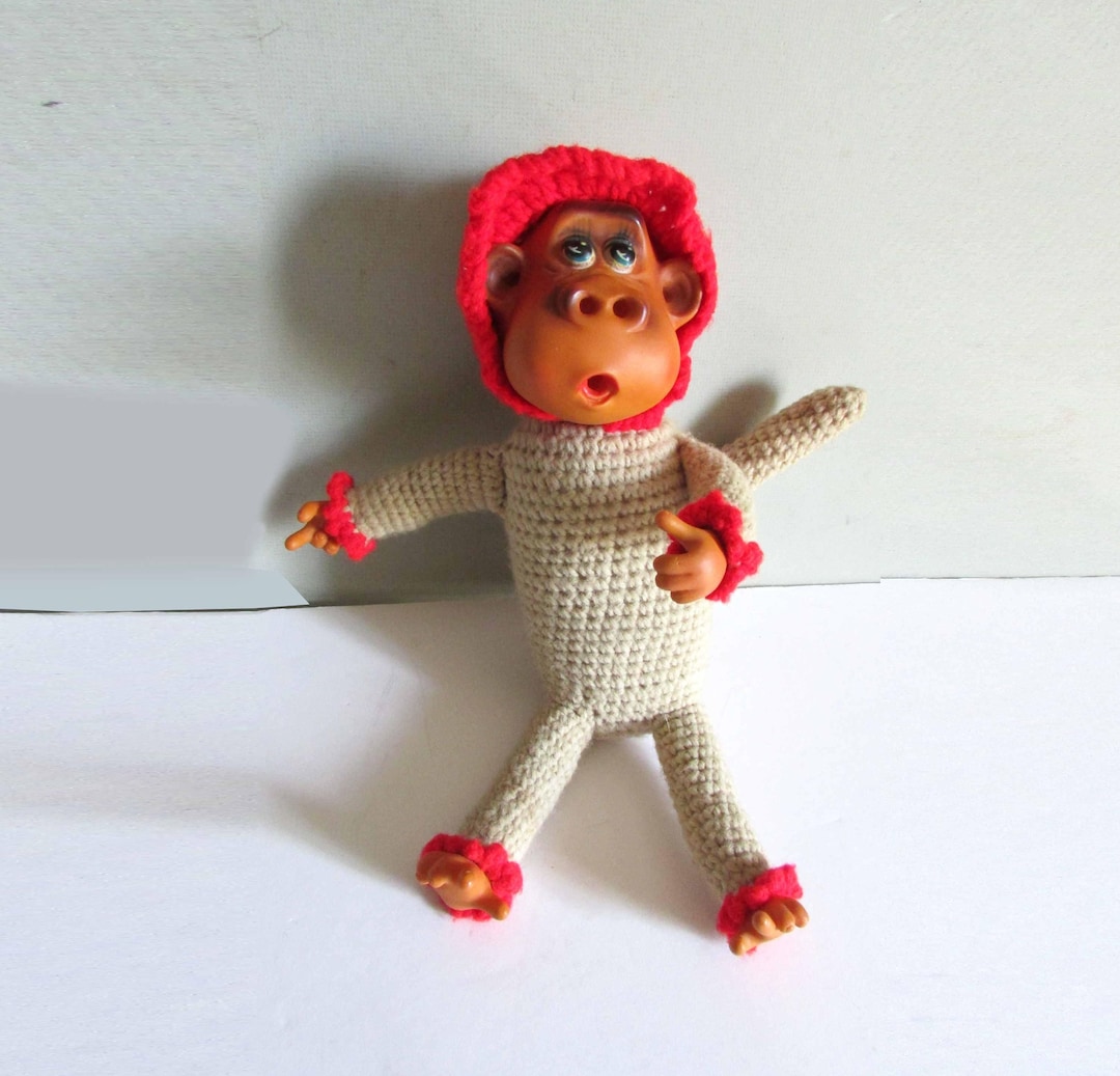 1960s Rubber Face Plush Baby Monkey With Handmade Beige and Red Outfit ...