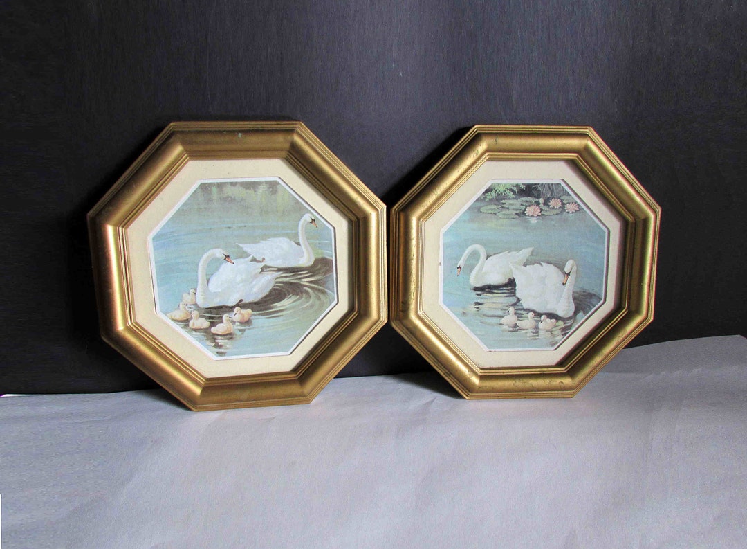 Vintage Pair 1980s Swans on the Water Prints in Octagonal Gold Frames ...