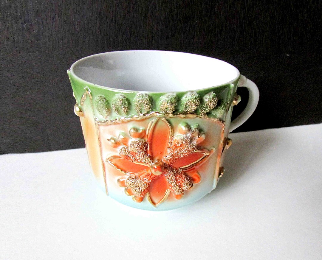 Fancy German Luster Victorian Porcelain Raised Floral Art Mug Cup ...