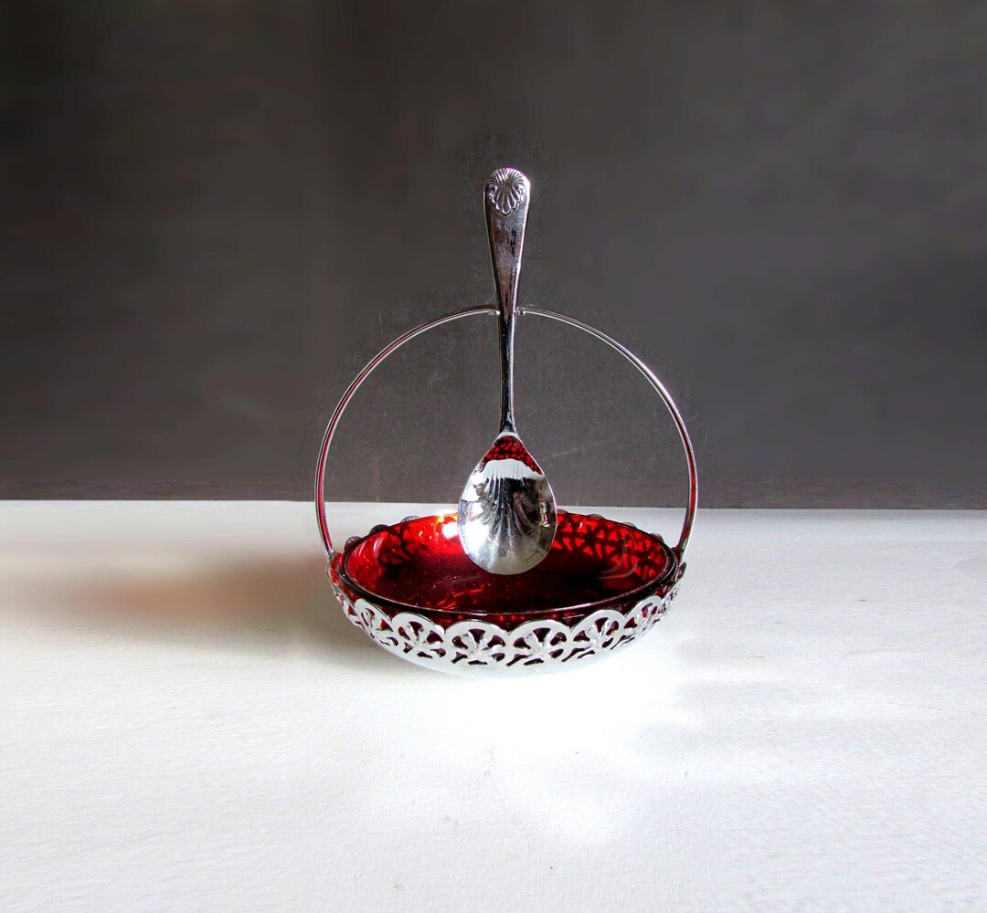 Royal Ruby Red Glass Condiment Dish, Vintage 1960s, With Metal Stand ...