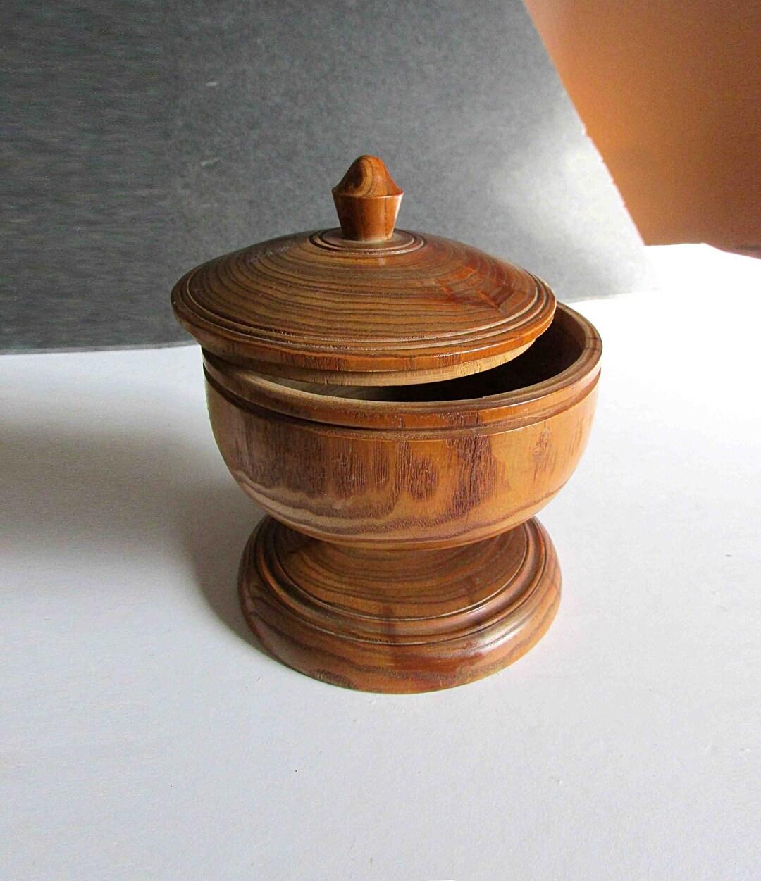 Hand Turned Round Wood Covered Pedestal Box Jar Trinket Jewelry Rustic ...