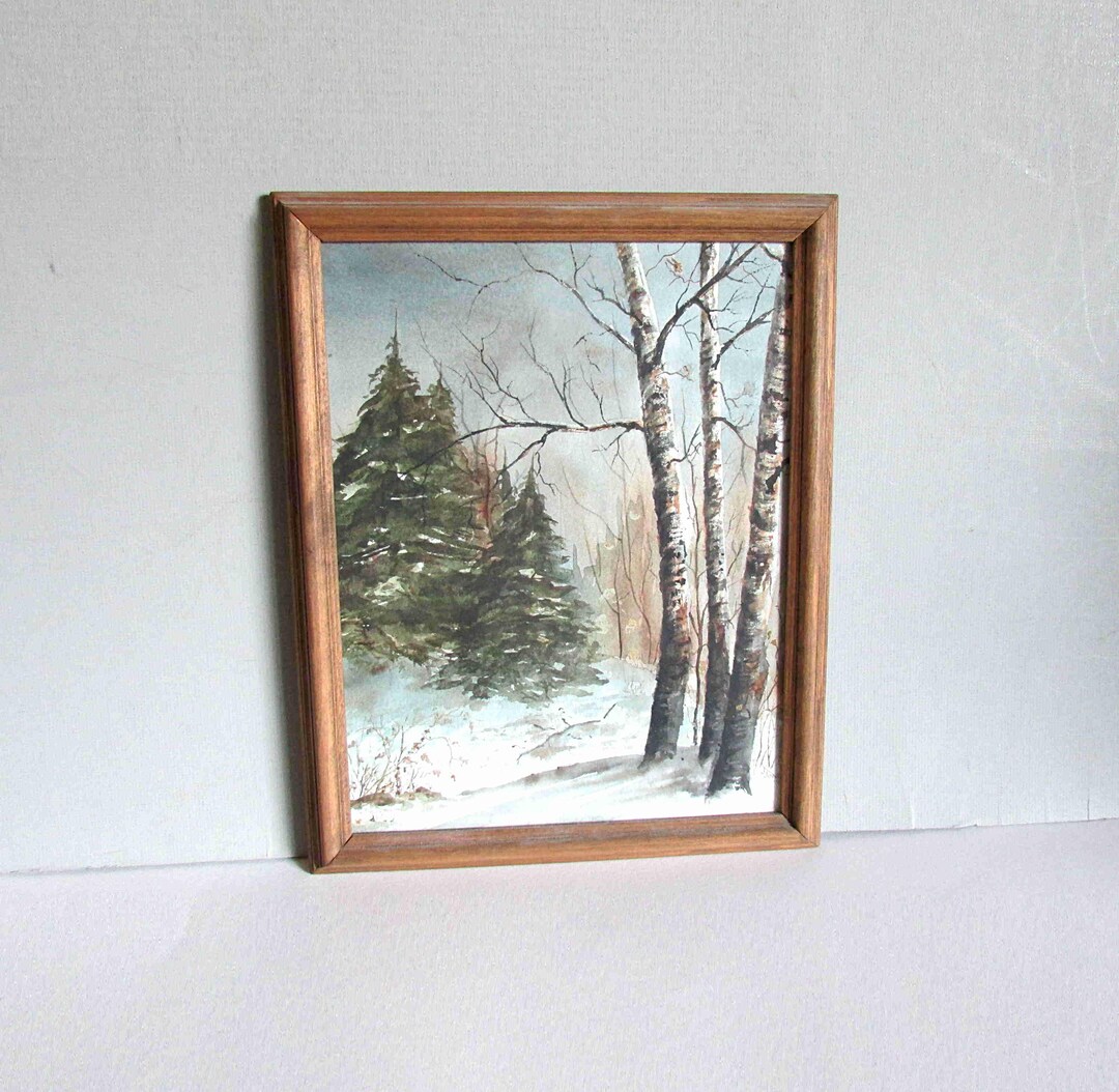 Vintage 1990s Wood Framed Snowy Landscape Trees Scene Print 11 X 7/8 X ...