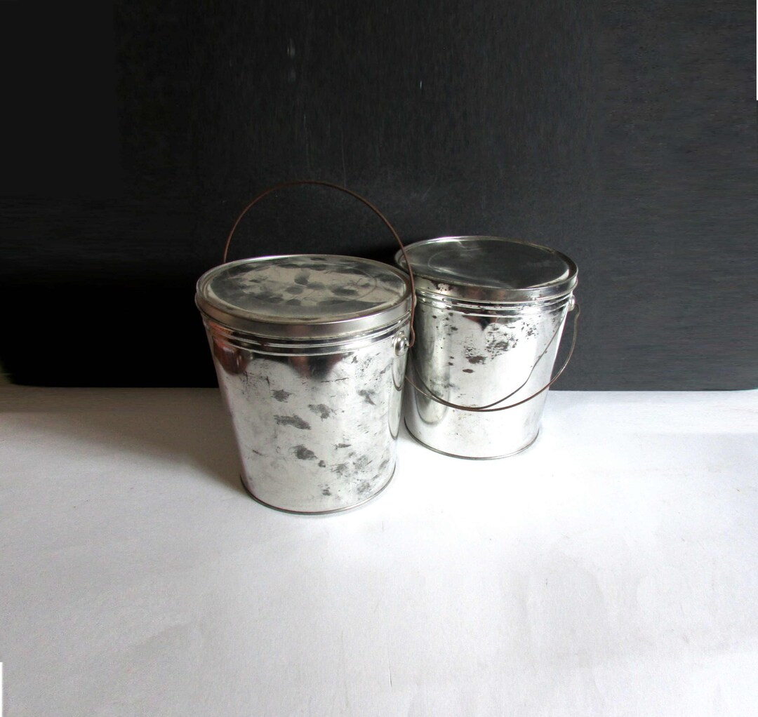 2 Vintage Shiny Tin Berry Buckets Lunch Pails With Lid and Bail Handle ...