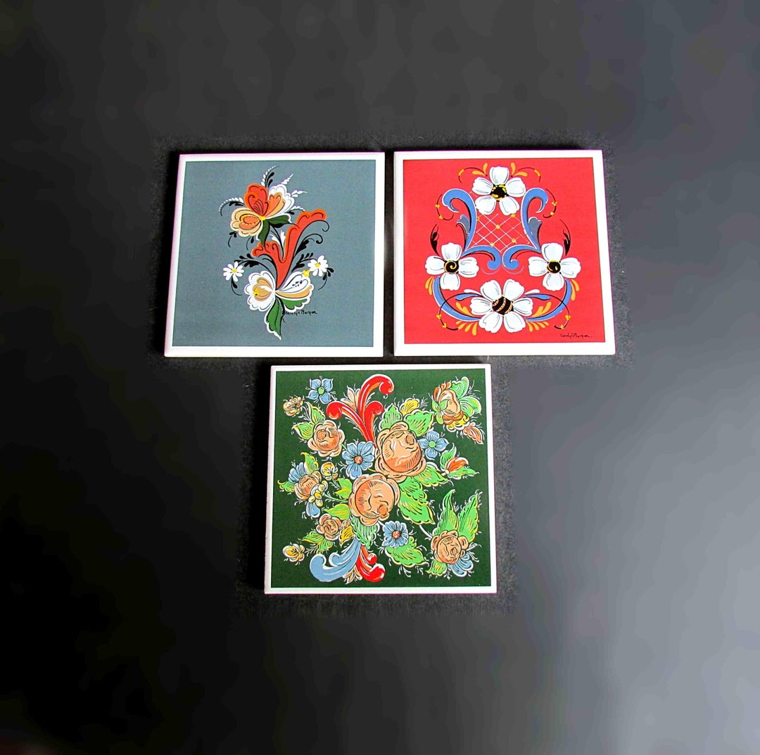 Choice 1980s Traditional Swedish Rosemal Folk Design Tile Trivet ...