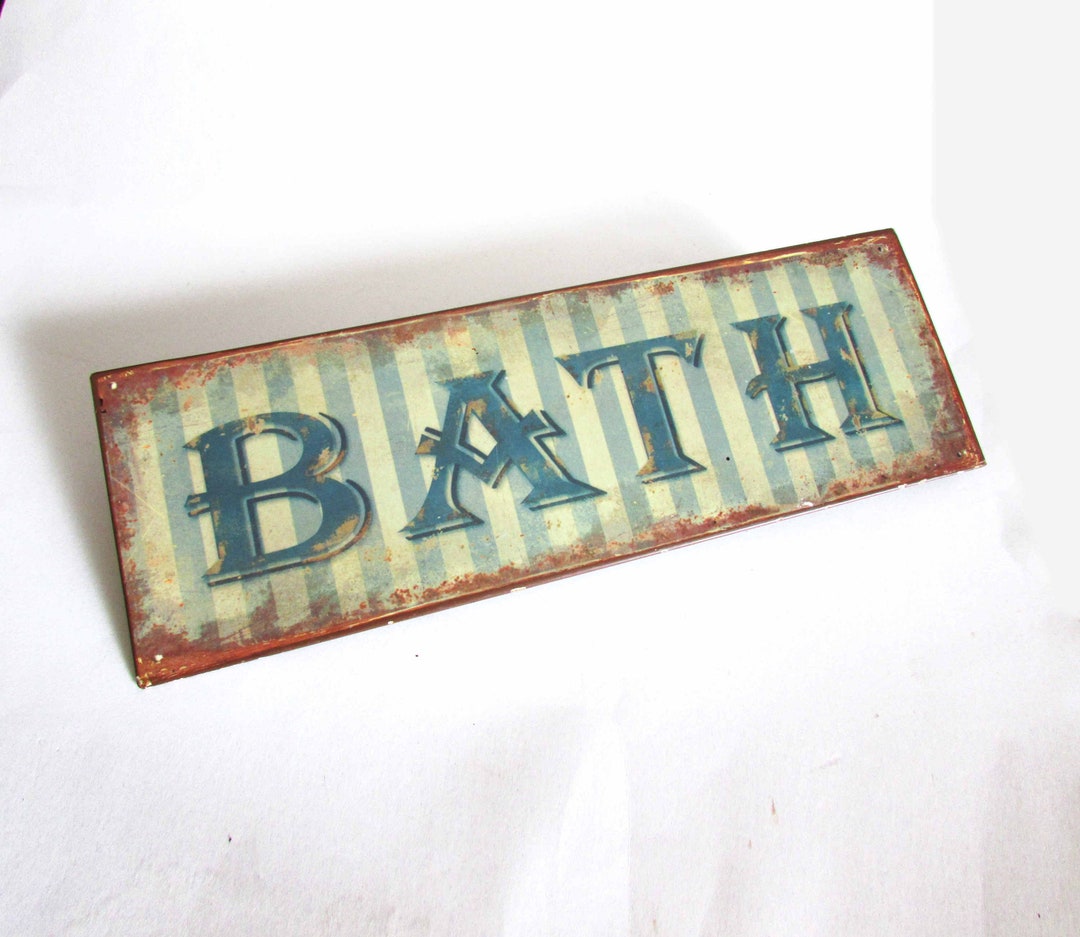 Bath Metal Sign Farmhouse Cottage Bathroom Sign Distressed Style Blue ...