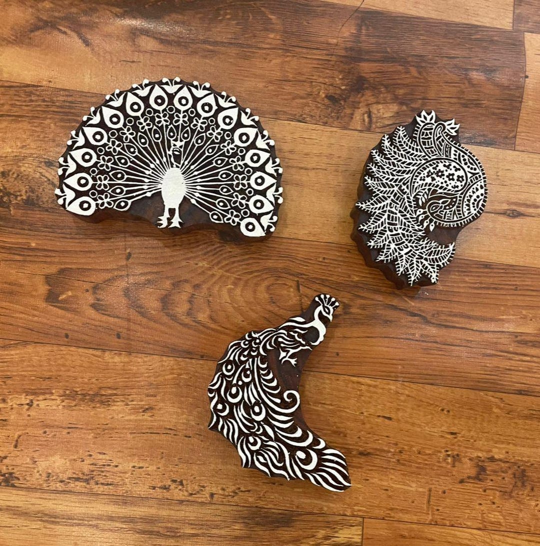 Hand Curved Wooden Print Making Block Peacock Design Block Set of 3 - Etsy