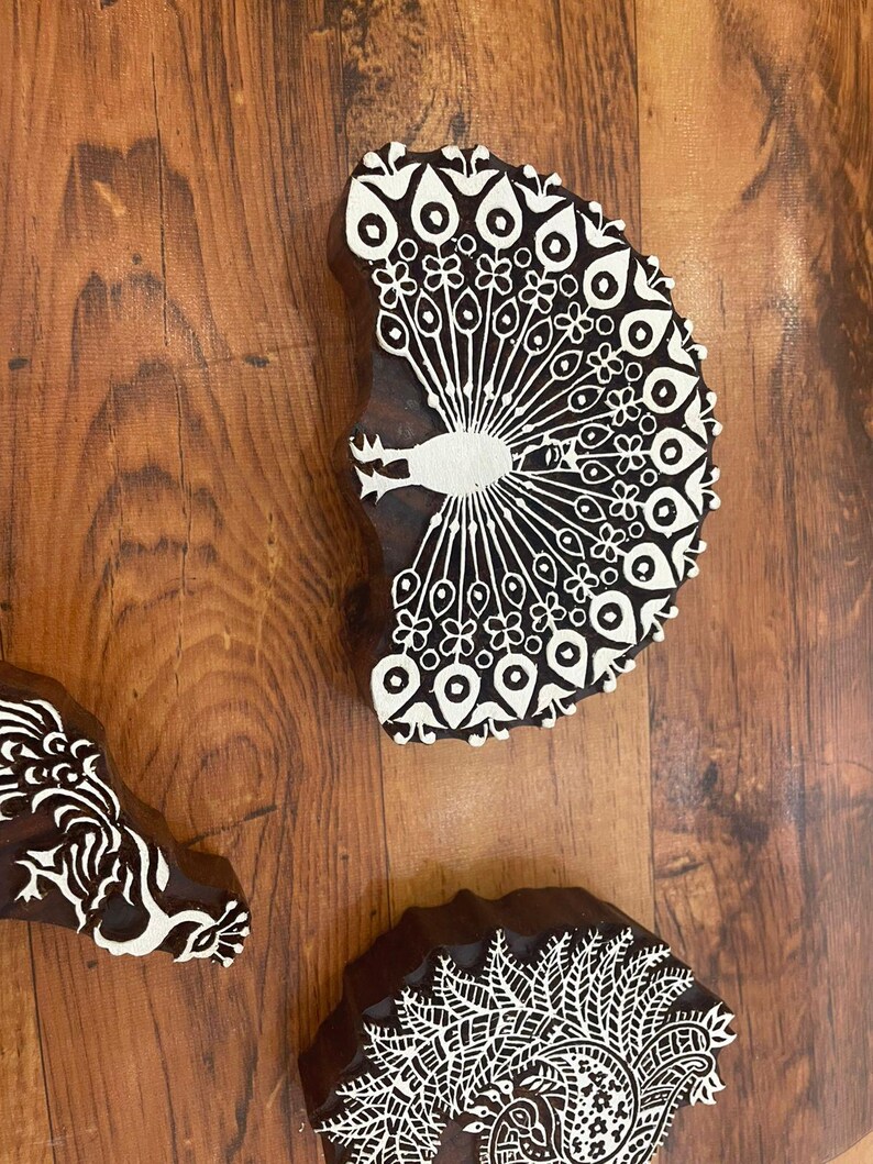 Hand Curved Wooden Print Making Block Peacock Design Block Set of 3 - Etsy