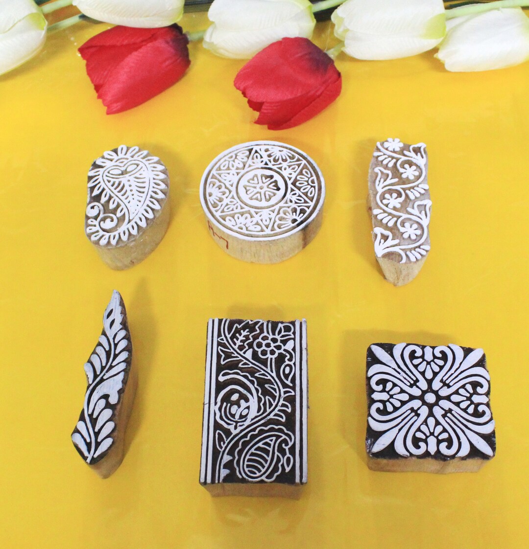 Wooden Block Craft Heena Print Square Round Finger set of 6 - Etsy