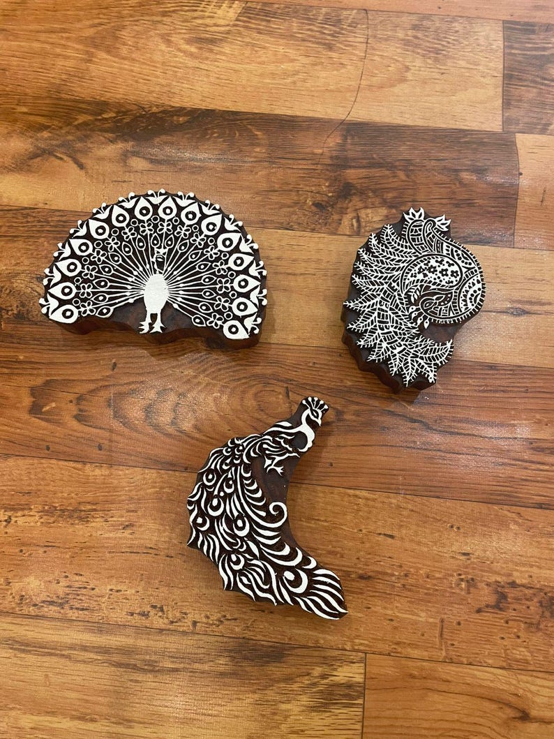 Hand Curved Wooden Print Making Block Peacock Design Block Set of 3 - Etsy