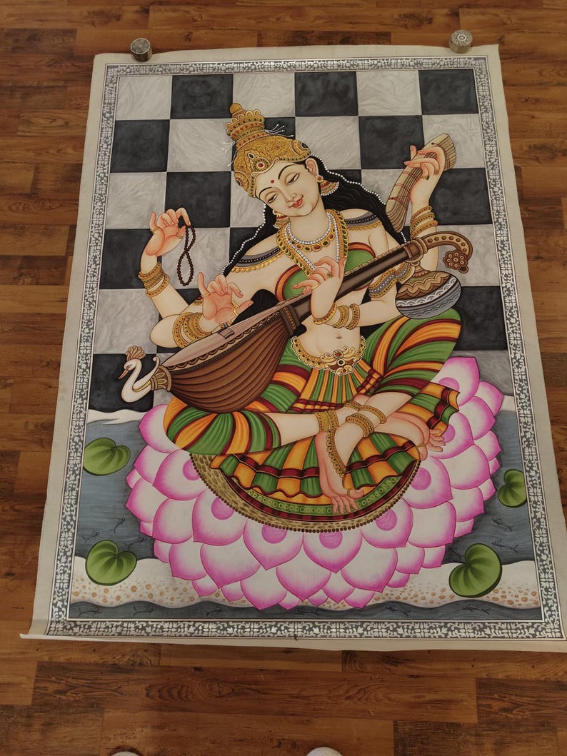 Painting of Maa Saraswati Hindu Goddess Hand Painted Artwork on Cloth ...