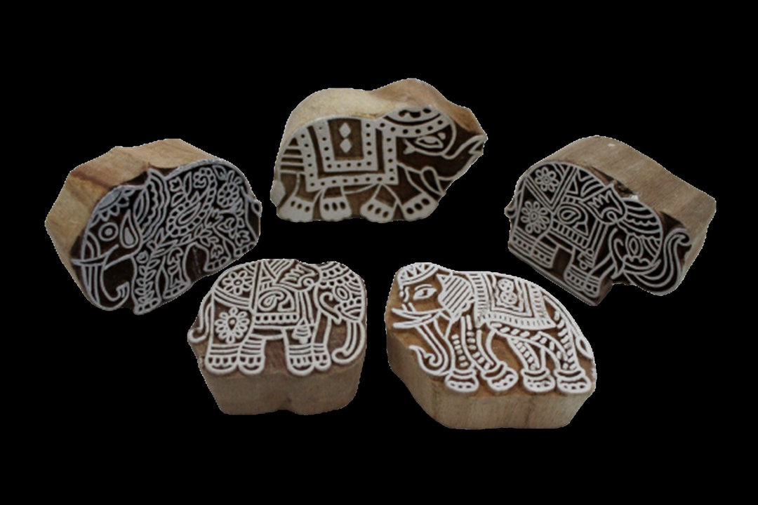 Textile Wooden Printing Stamps Set of 5 Different Elephants Decorative ...