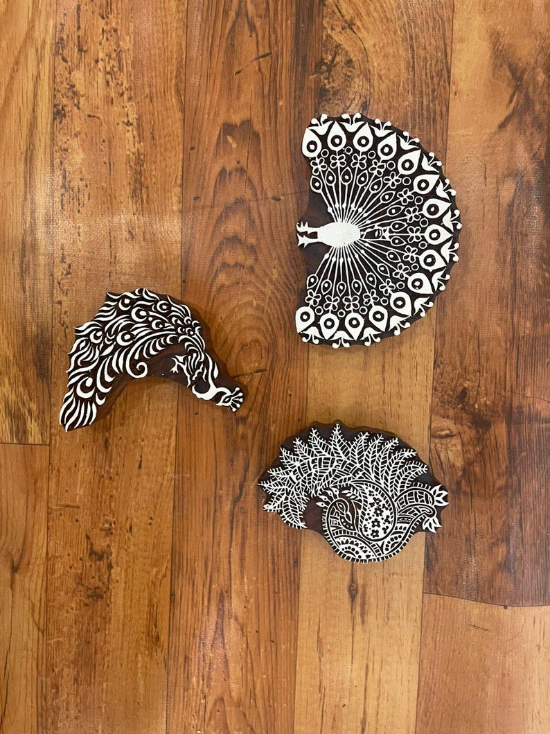 Hand Curved Wooden Print Making Block Peacock Design Block Set of 3 - Etsy
