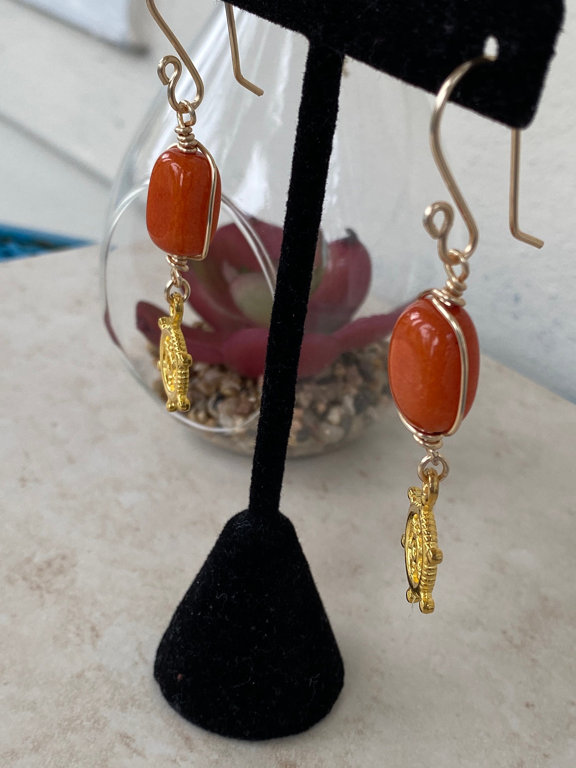 Orange Jade Earrings, Rectangular Jade Boat Helm Earrings, Beach ...
