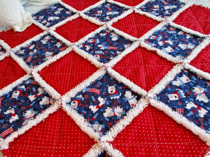 Patriotic Puppy Rag Quilt / Dog Rag Quilt / Flag Rag Quilt / Handmade ...