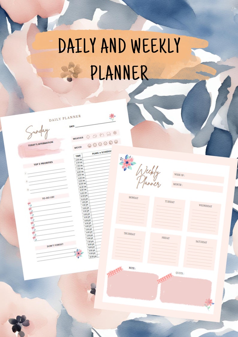 Planner. Daily, Weekly, Hourly. Organize Your Life. Floral Blush Pink ...