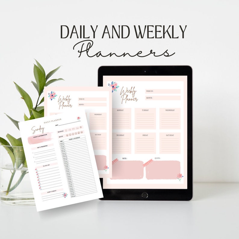 Planner. Daily, Weekly, Hourly. Organize Your Life. Floral Blush Pink ...