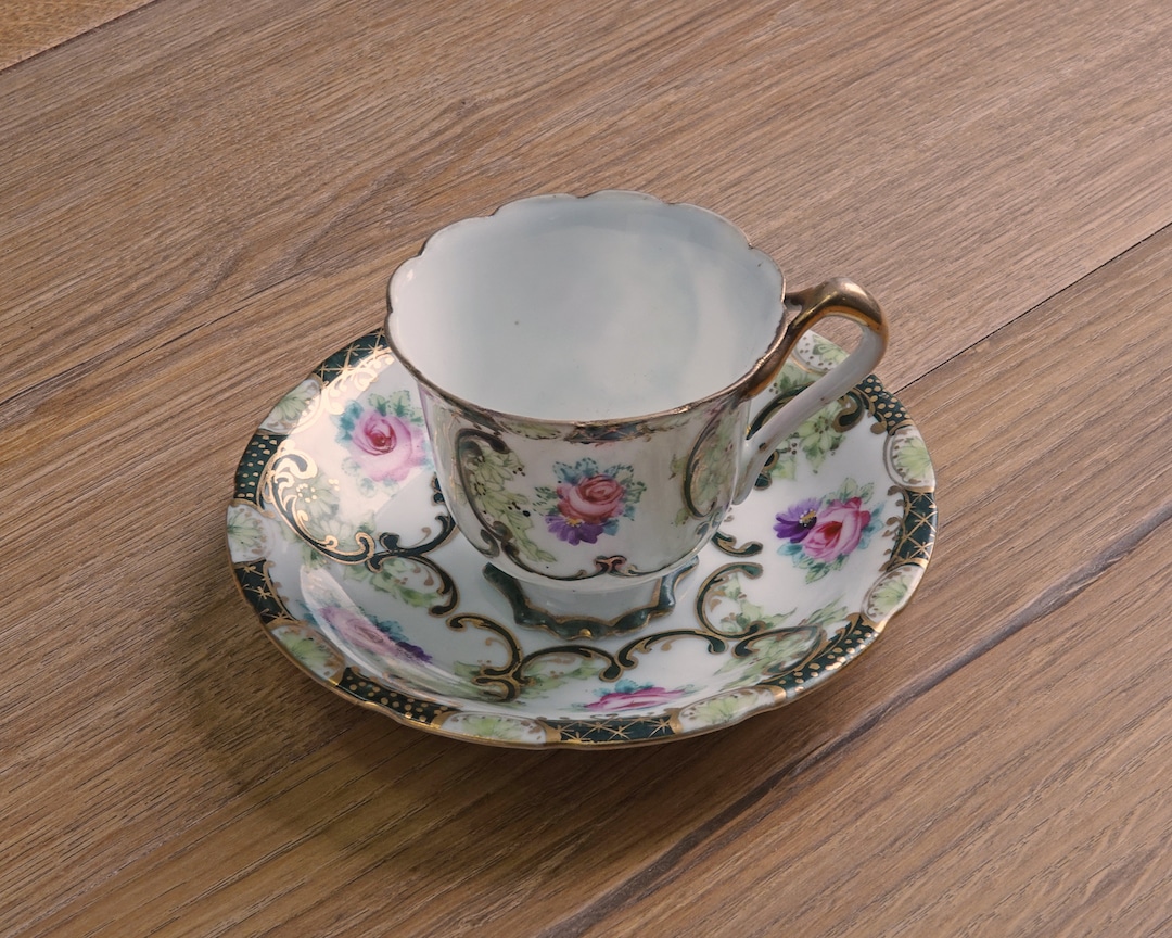 Early Noritake Tea Cup and Saucer With Gilt Rose and Green Foliage ...
