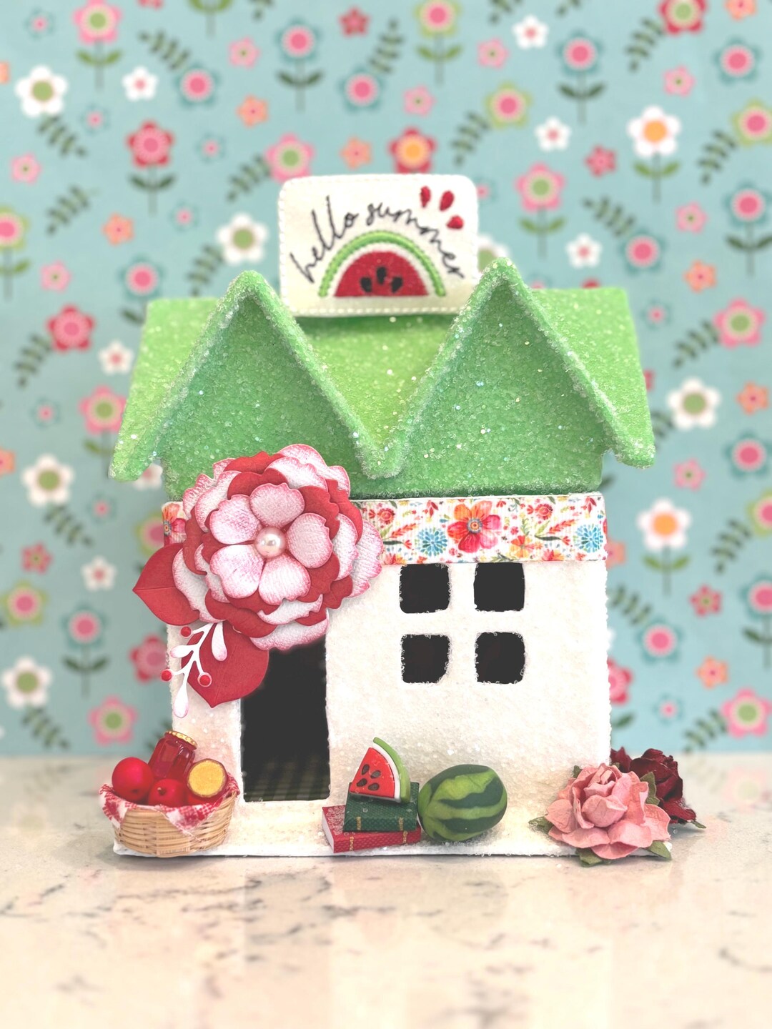 Summer Glitter House, Glitter House, Paper Mache House, Putz House, Summer Decor, Vintage ...