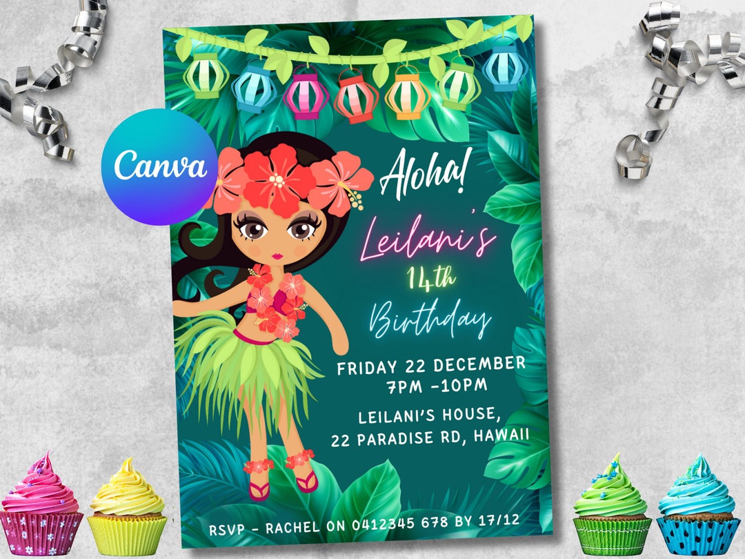 Editable Luau Birthday Party Invitation, Tropical Hawaii Paradise, Hula ...